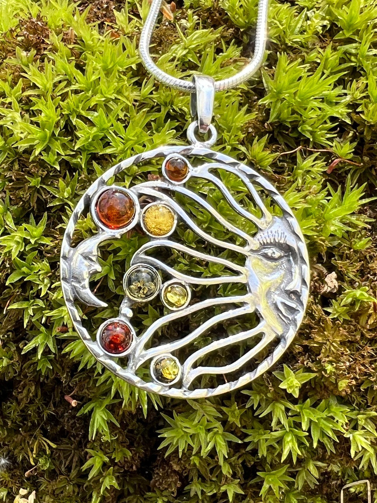 Sterling Silver Sun and Moon Celestial Pendant with Colorful Amber ...