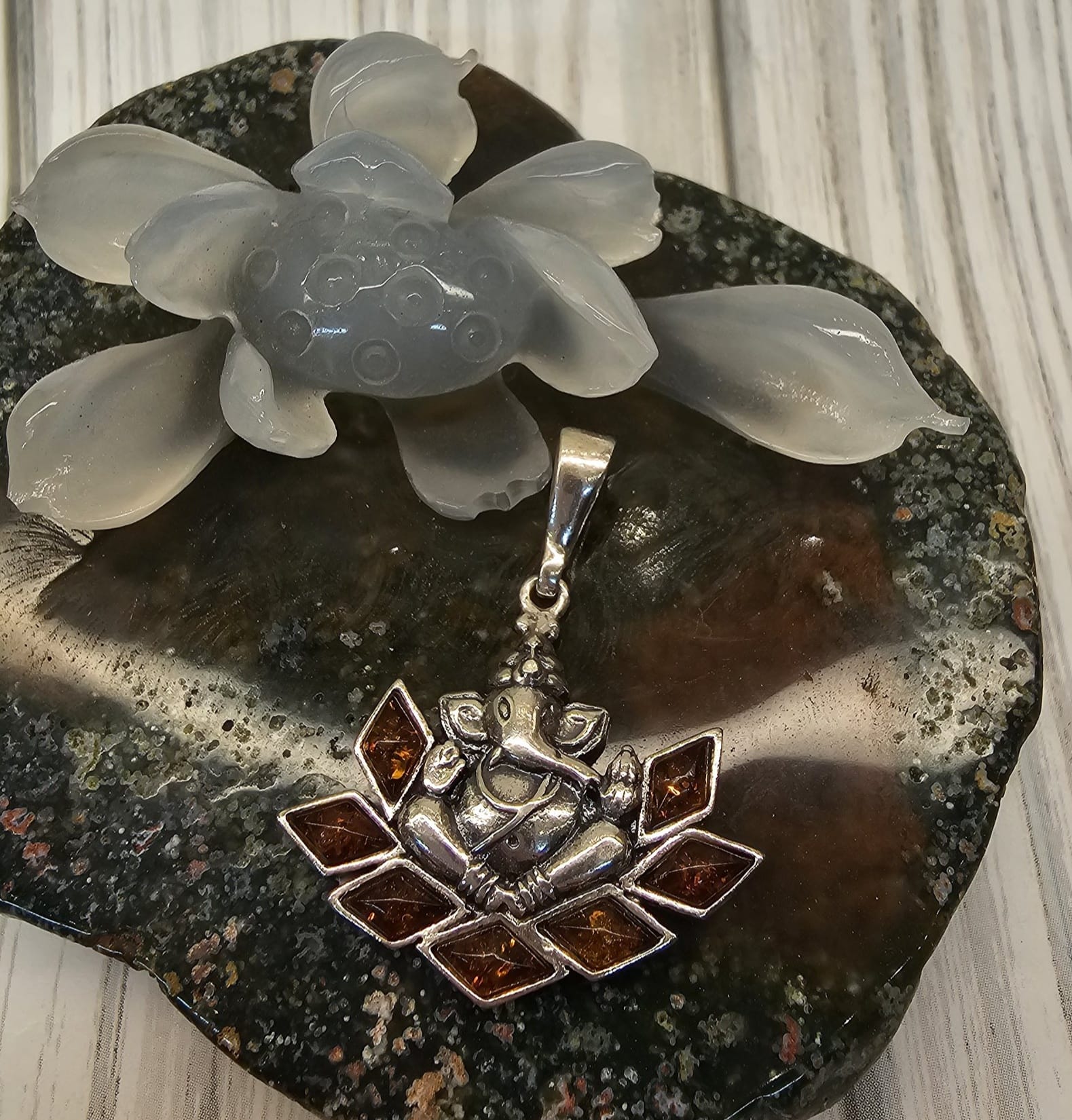 Ganesha Amber Lotus Pendant in Sterling Silver – Royal Gems and Minerals