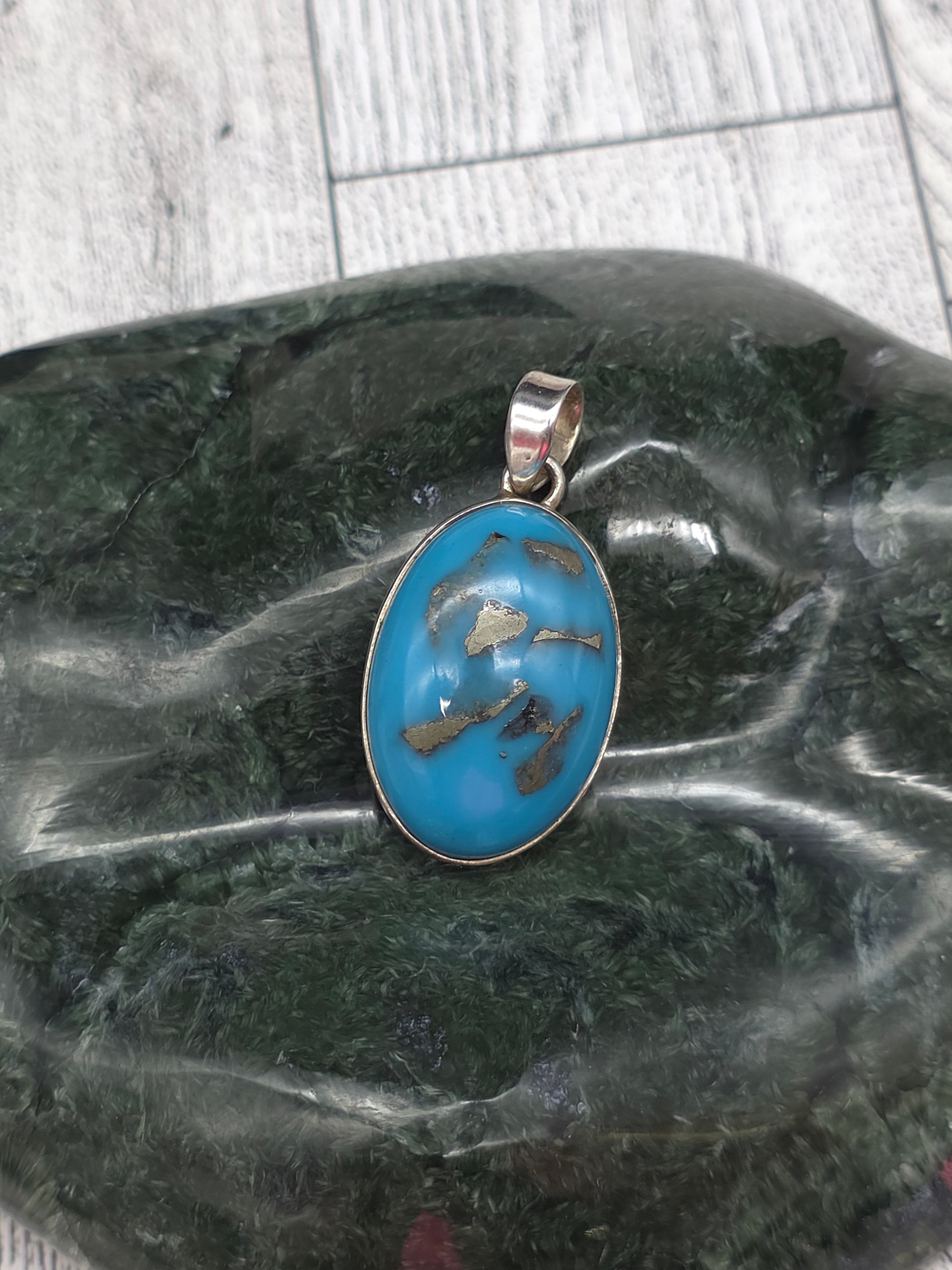 Teal Turquoise Oval Pendant with Pyrite Inclusions in Silver – Royal ...