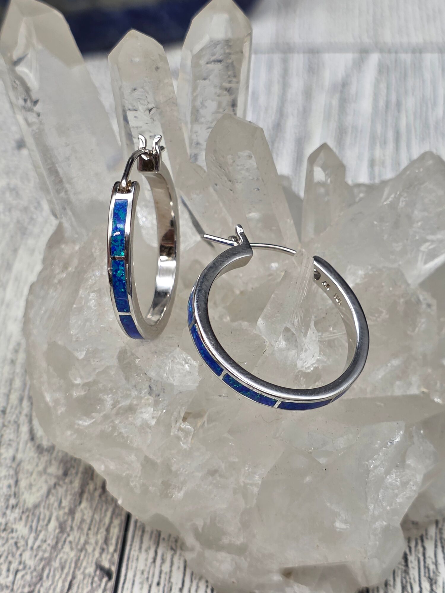 Blue Opal Hoop Earrings Sterling Silver Inlay Hoops – Royal Gems and ...